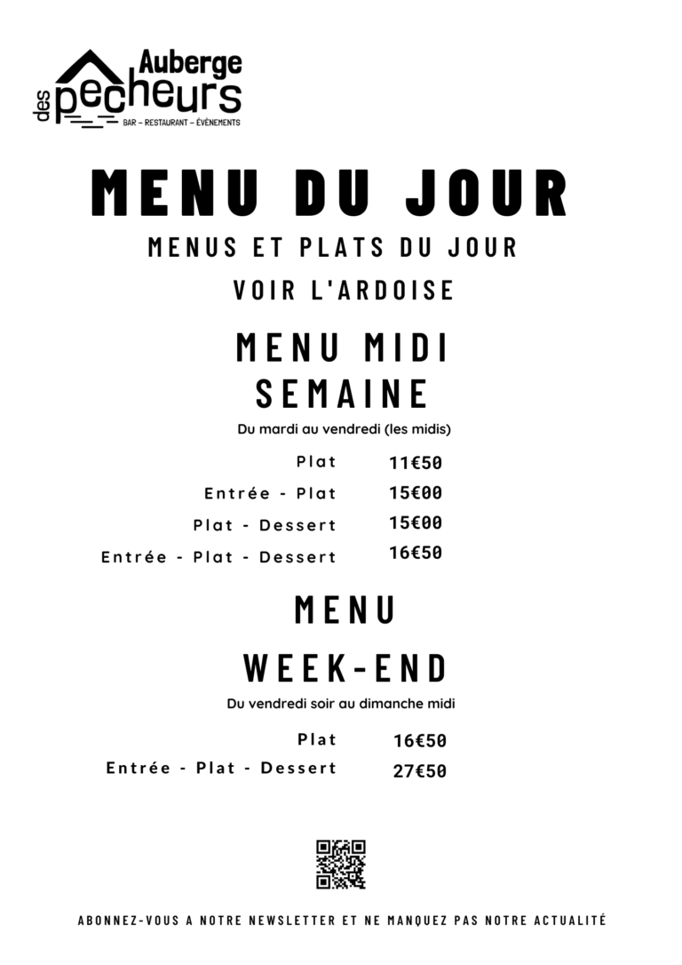 La carte de L'Auberge des Pêcheurs - La Celle-Dunoise 23